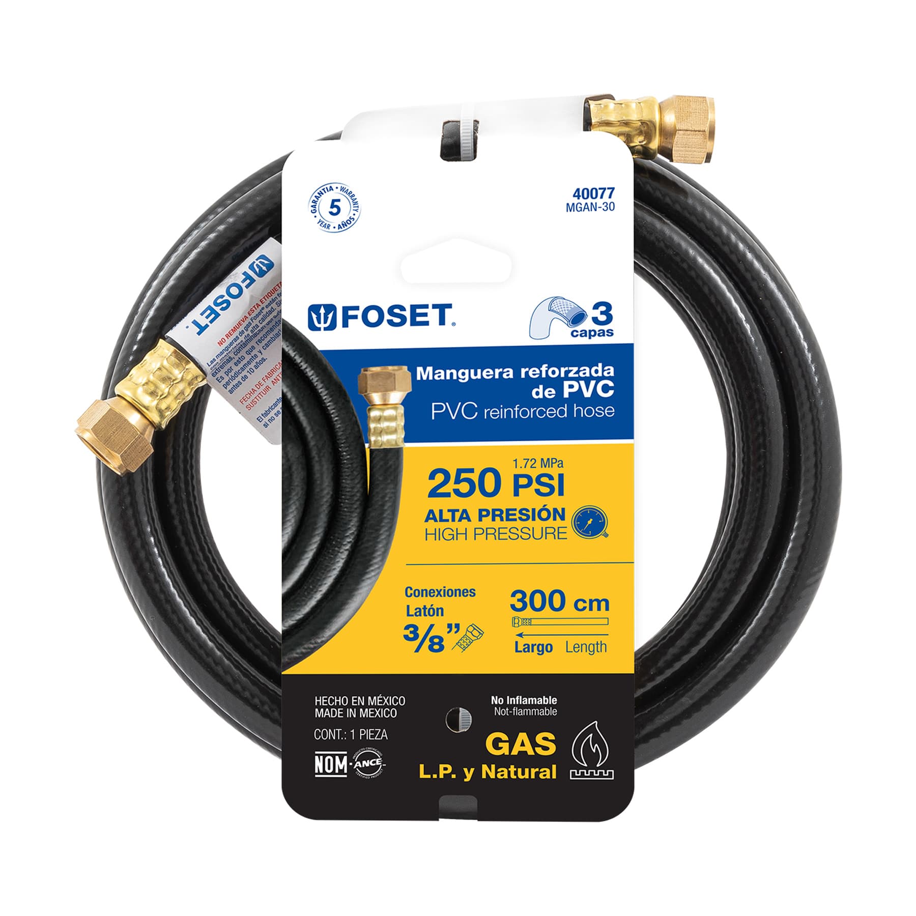 Manguera para Gas 3/8" Flexible Negra Foset 300 cms