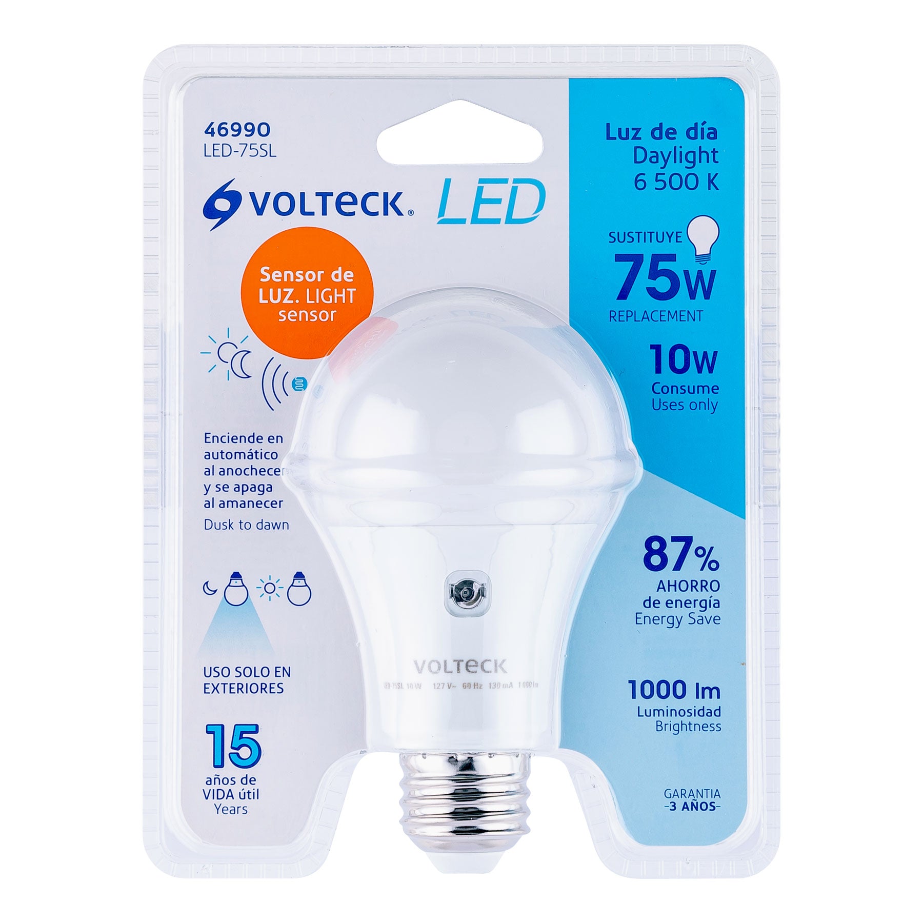 Foco Led Tipo Bulbo Con Sensor De Luz 10 Watts A19 E27 Luz Blanca Volt