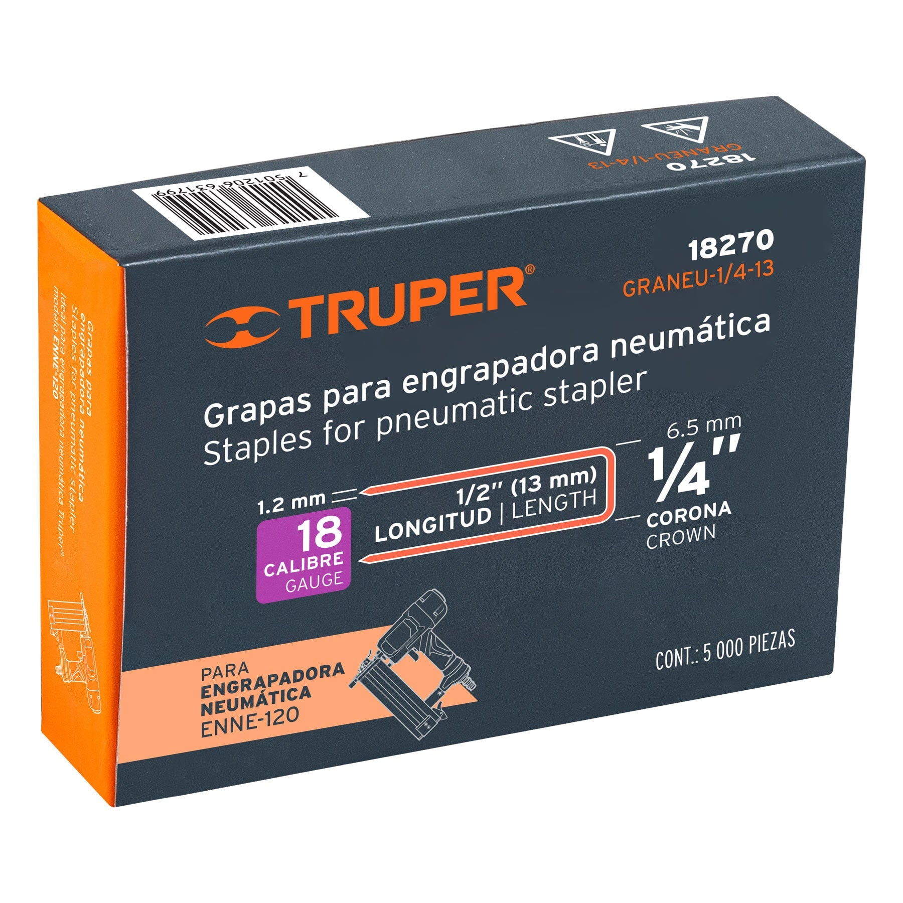 Grapas Engrapadora Neumatica Calibre 18 Caja con 5,000 Truper 1/2" (13