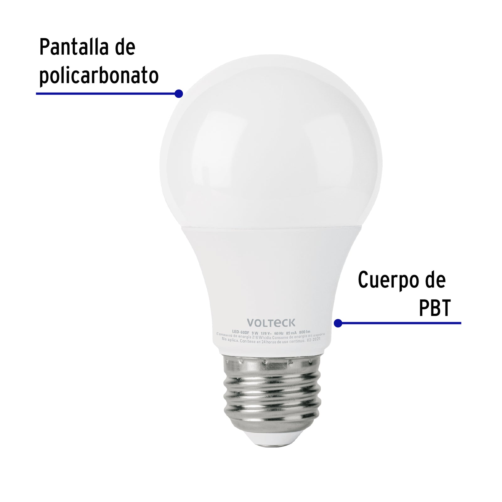 Foco LED Tipo Bulbo Atenuable 9 Watts A19 E27 Luz Blanca Volteck