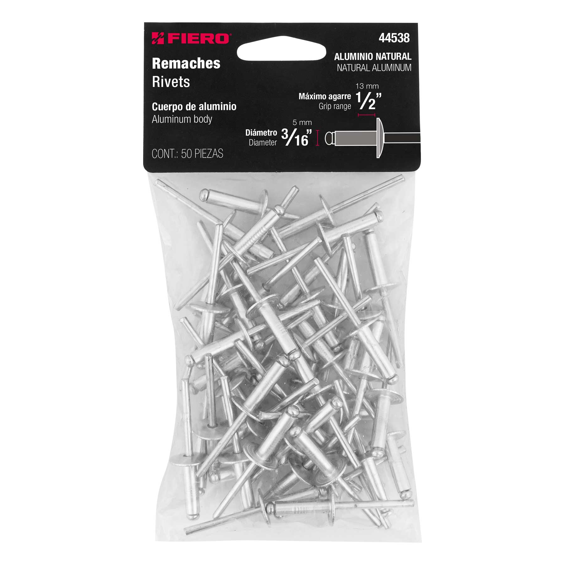 Remache Ala Ancha 68 de 3/16" X 1/2'' Fiero Bolsa con 50 Piezas