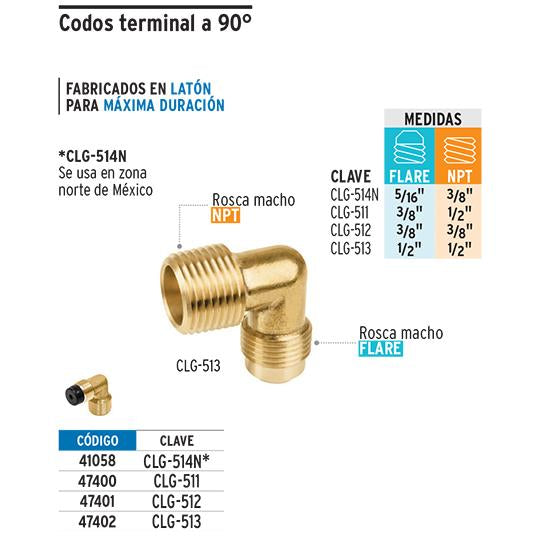 Codo Terminal para Gas 3/8" Flare x 3/8" NPT (10 mm Flare x 10 mm NPT)