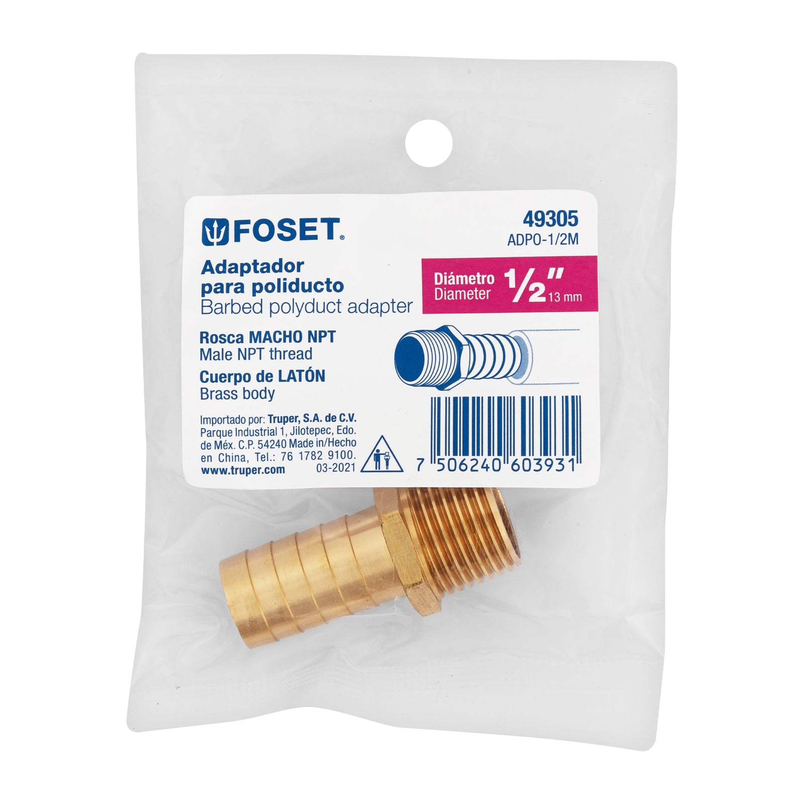 Conector Exterior Espiga para Manguera de Bronce 1/2" (13 mm)